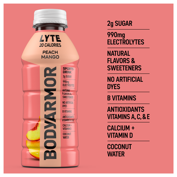 BODYARMOR Lyte Peach Mango Electrolyte Sports Drink Bottle, 16 fl oz ...